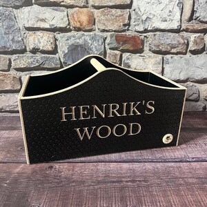 Sturdy Wooden Engraved Custom Firewood Kindling Box, Textured Brown ...