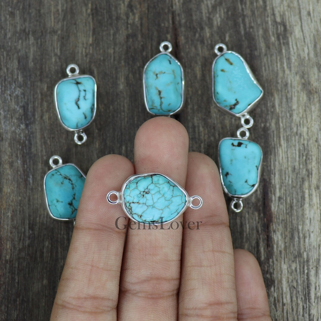 Natural Raw Turquoise Connector, 925 Sterling Silver Women Connector ...