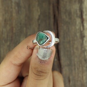 Natural Raw Emerald Ring, Sterling Silver Ring, Crescent Moon Ring ...