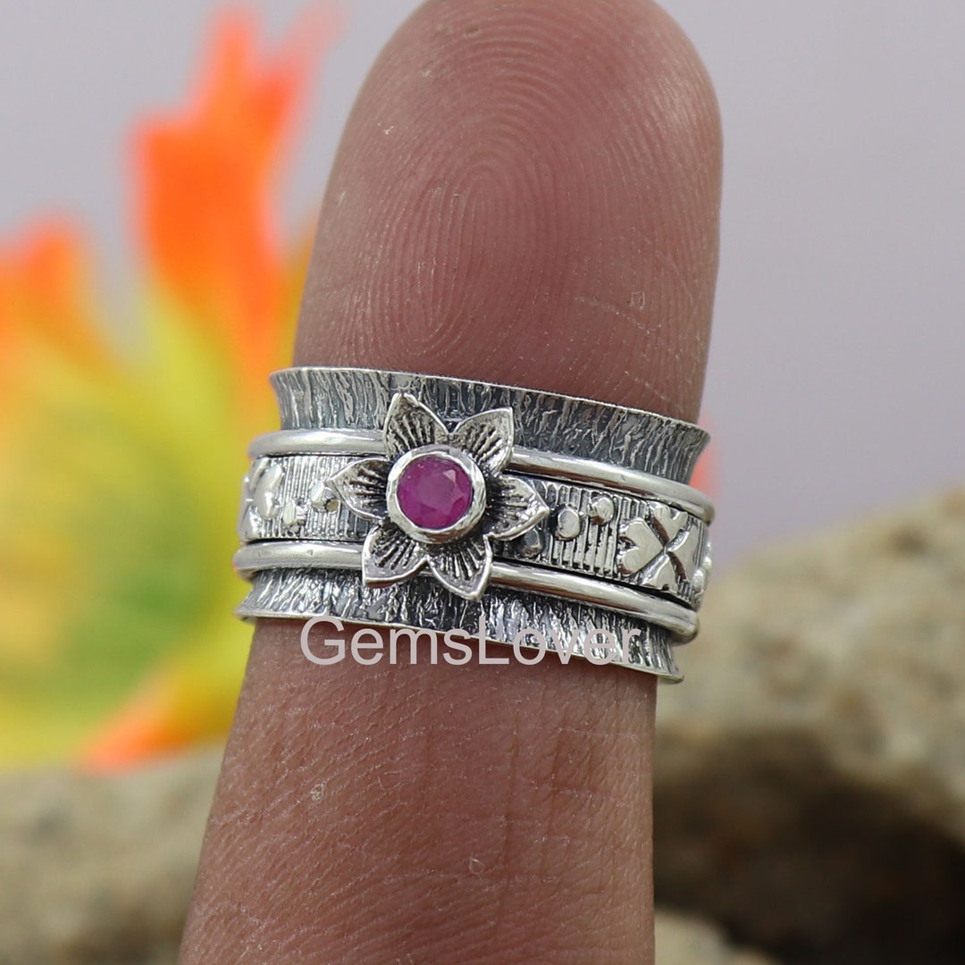 Natural Ruby Sterling Silver Spinner Ring: Flower Anxiety Ring - Etsy