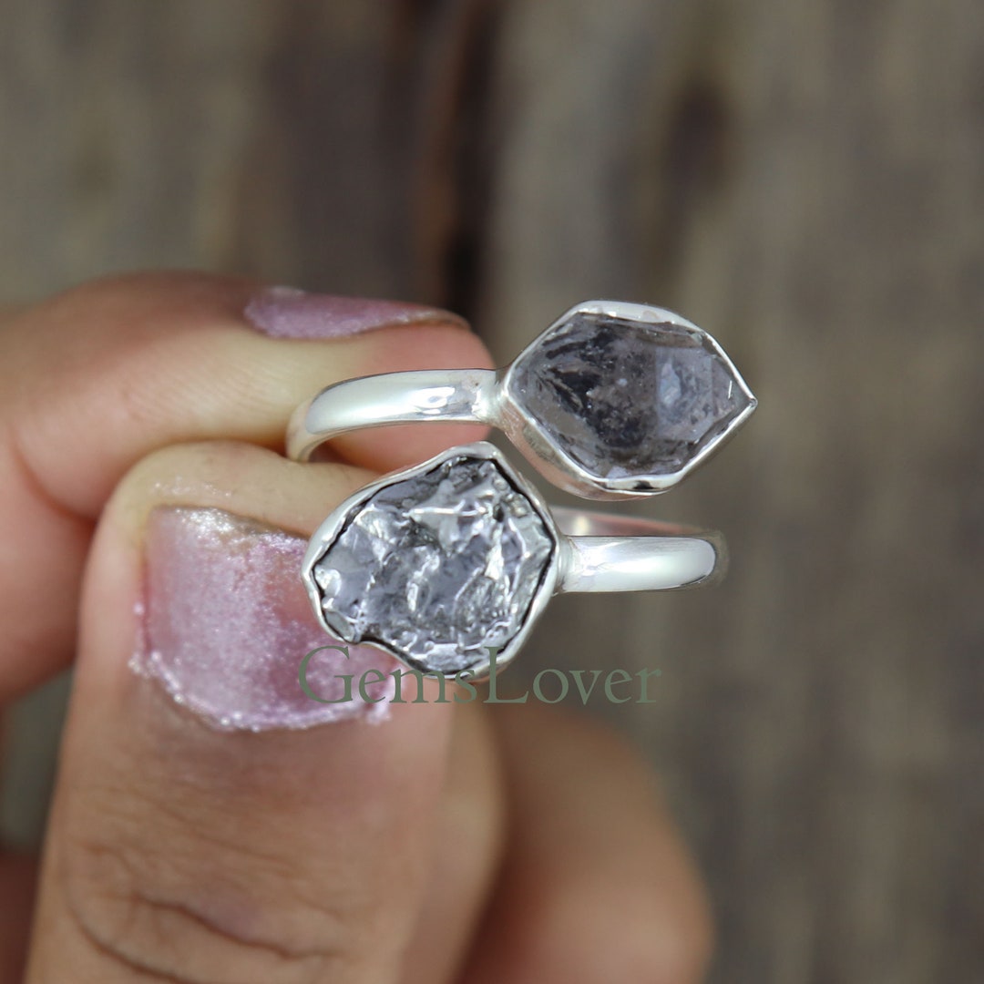 Raw Meteorite Ring, Herkimer Diamond Ring, 925 Sterling Silver ...
