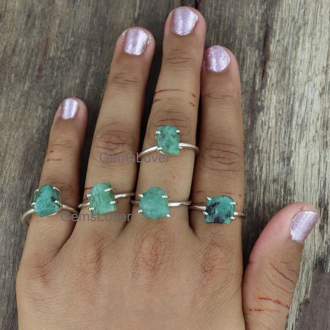 Raw Emerald Ring, Emerald Rough Ring, Natural Uncut Gemstone Ring, Sterling Silver Emerald Rings ...