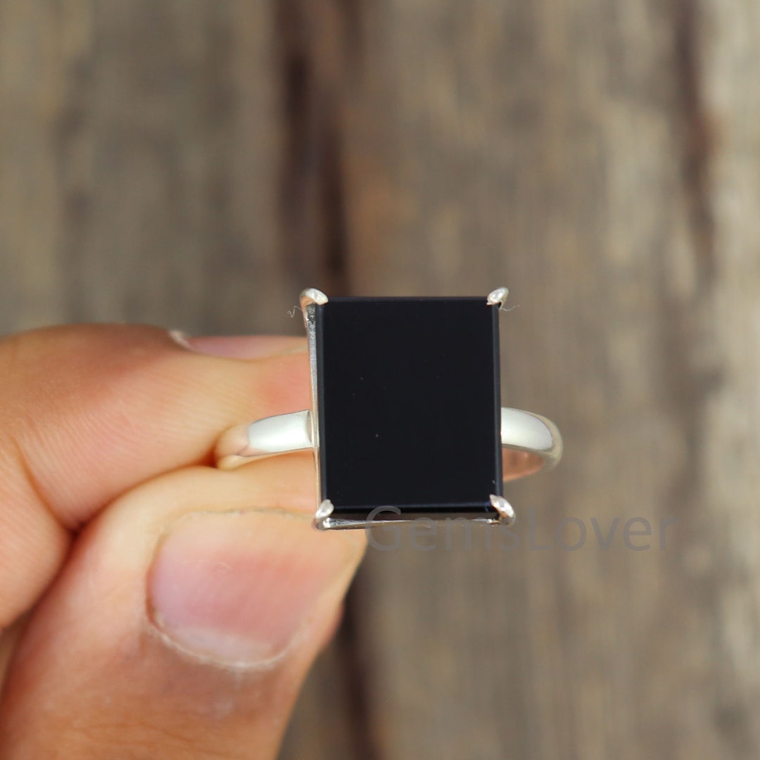 Black Onyx 925 Sterling Silver Ring: Rectangle Stone, Dainty Prong ...