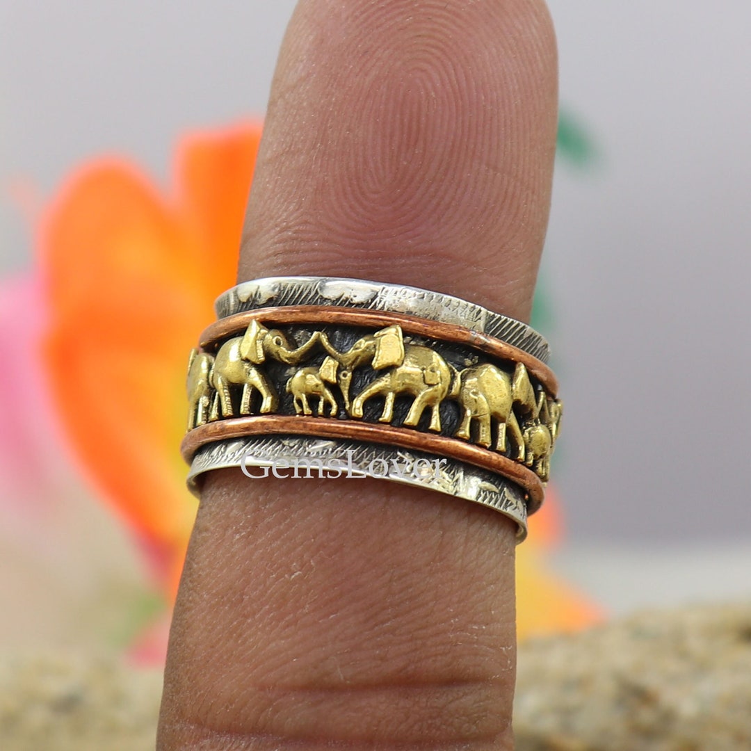 Elephant Spinner Ring, Three Tone Spinner Ring, Sterling Silver Spin ...