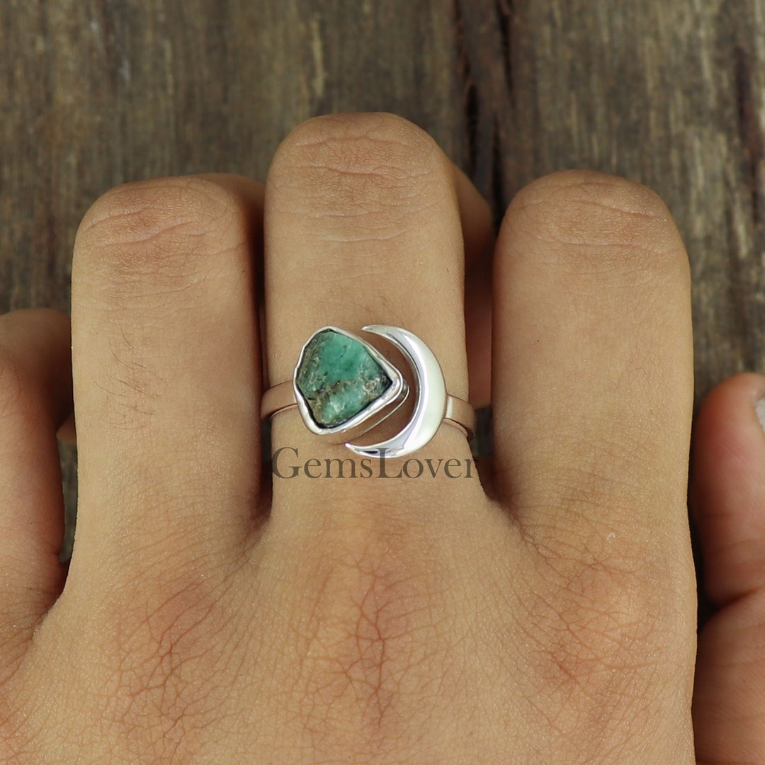 Natural Raw Emerald Ring, Sterling Silver Ring, Crescent Moon Ring ...
