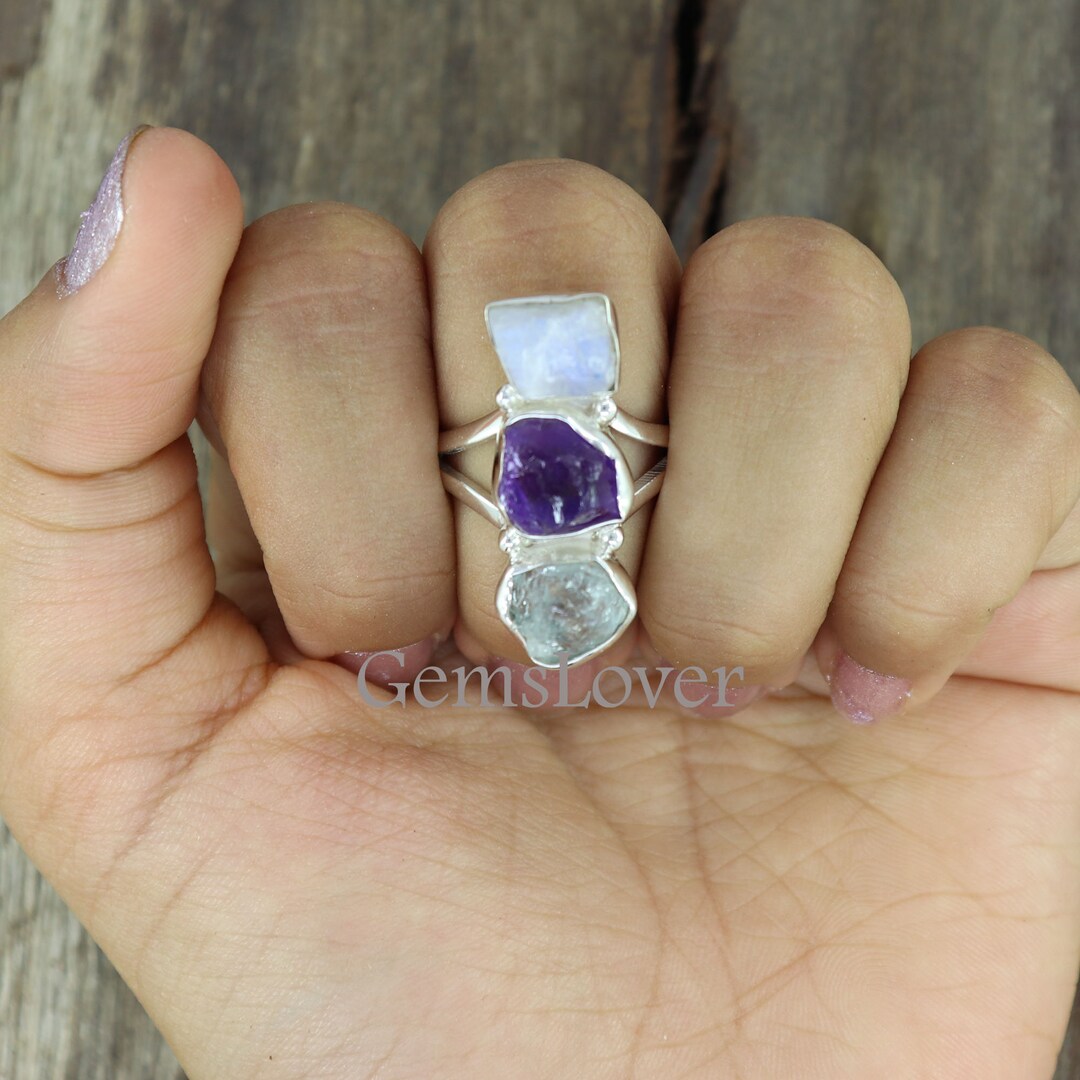 Raw Rainbow Moonstone Ring, Raw Aquamarine Ring, Raw Amethyst Ring, 925 ...
