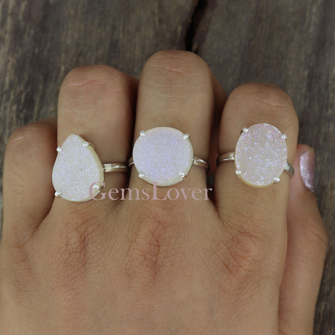 White Druzy Ring, Sterling Silver Ring, Agate Druzy Ring, Healing ...