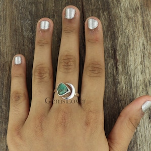 Natural Raw Emerald Ring, Sterling Silver Ring, Crescent Moon Ring ...
