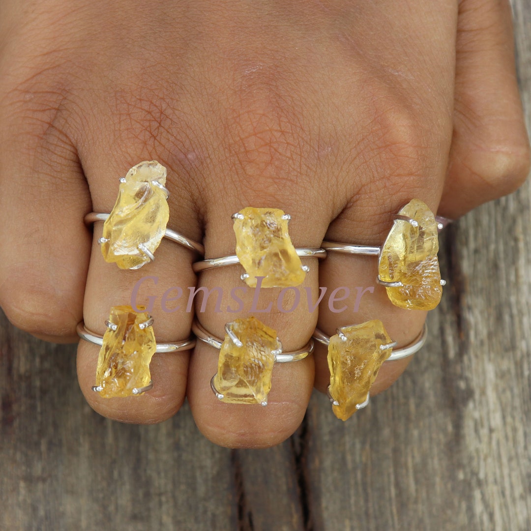 Raw Citrine Ring, Crystal Raw Stone Ring, 925 Silver Raw Citrine Ring ...