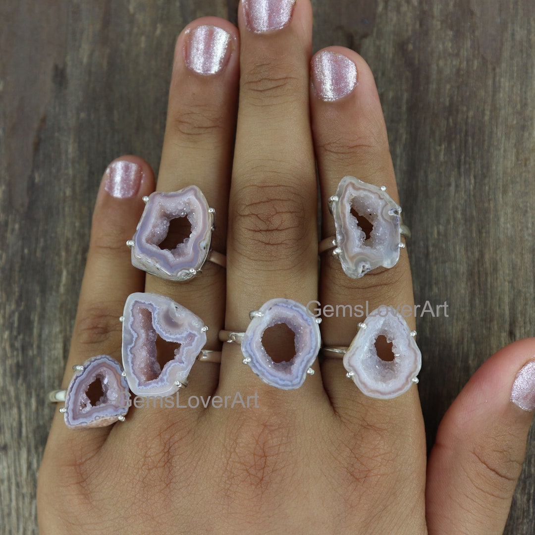 Geode Druzy Lace Agate Ring, Raw Agate Ring, Lace Agate Ring, Geode Silver Ring, Chunky Healing ...