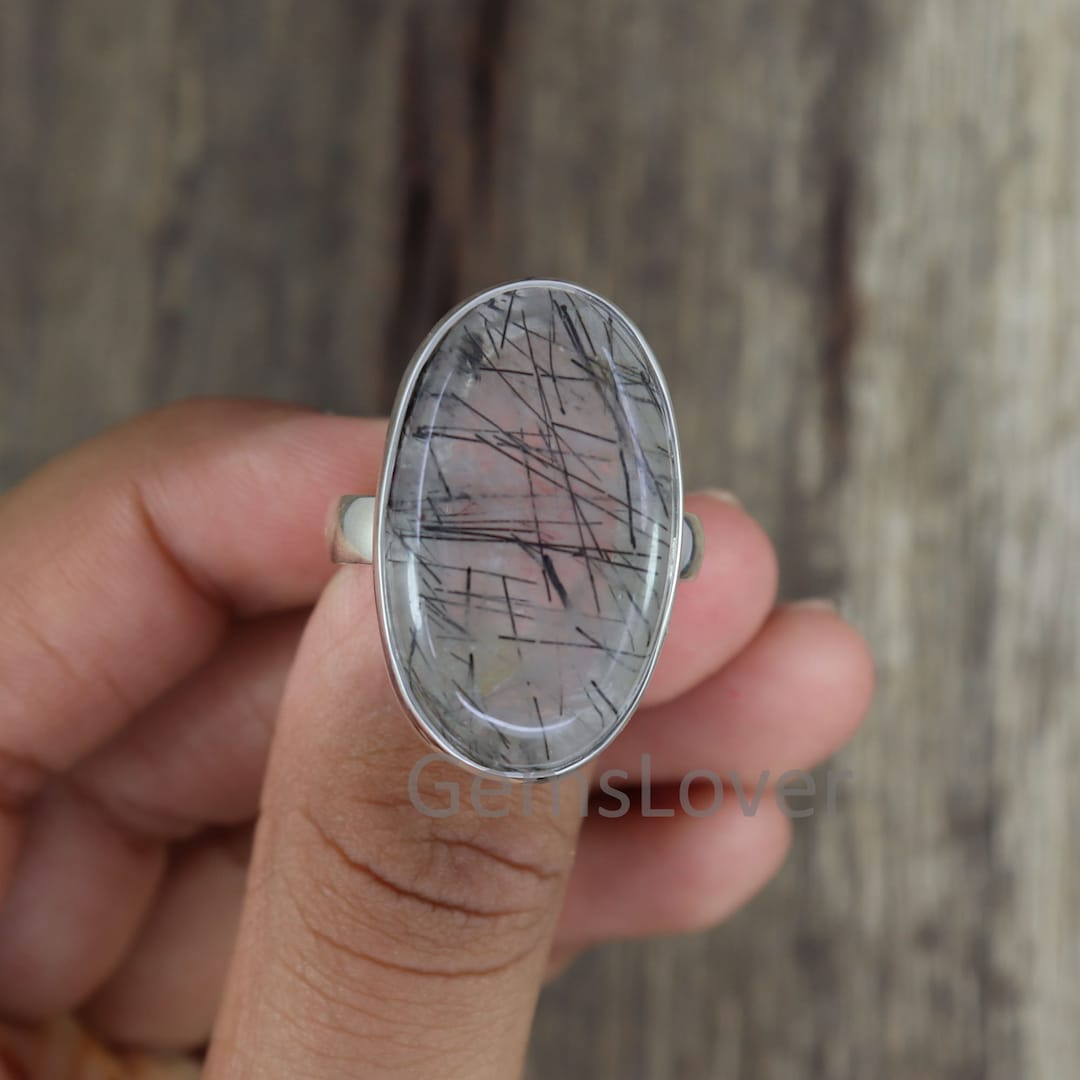 Black Rutile Ring, Tourmalated Quartz Ring, Sterling Silver Ring, Daily ...