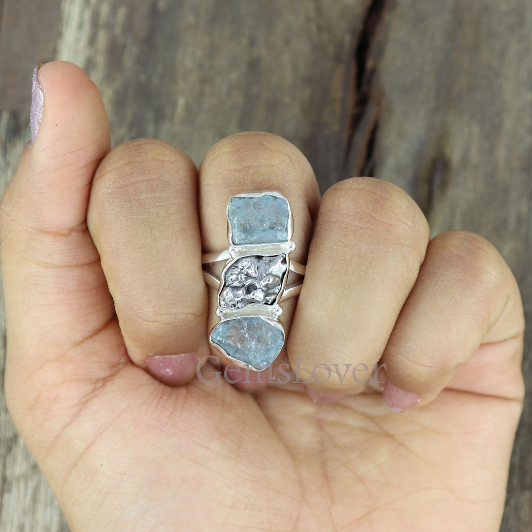 Raw Aquamarine Ring, Raw Meteorite Ring, 925 Sterling Silver Ring ...