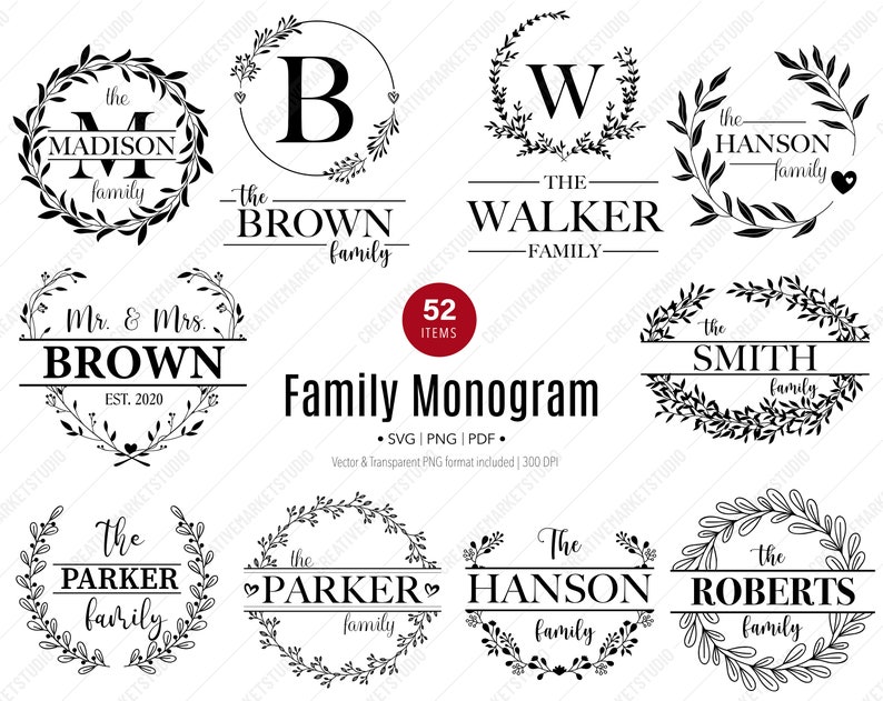 Floral Family Name Monogram SVG Bundle – Wedding Wreath Initial Clipart ...