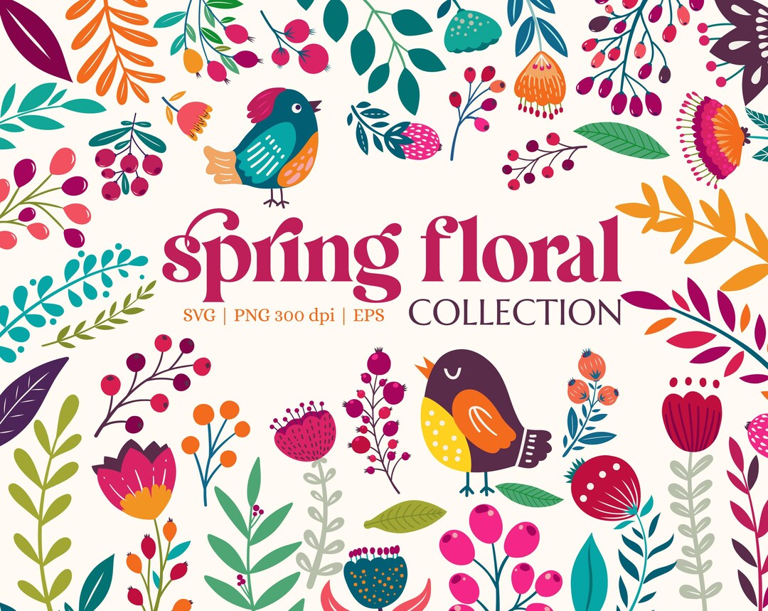 Spring Floral Birds Clipart Set SVG - Colorful Hand-drawn Nature ...