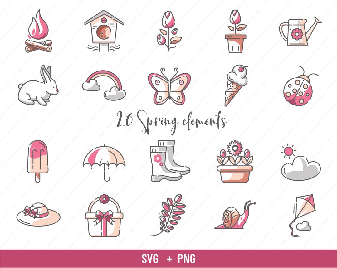 Spring Icons and Elements for Clipart Bundle, Doodle SVG, Cute Summer ...
