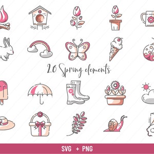 Spring Icons and Elements for Clipart Bundle, Doodle SVG, Cute Summer ...