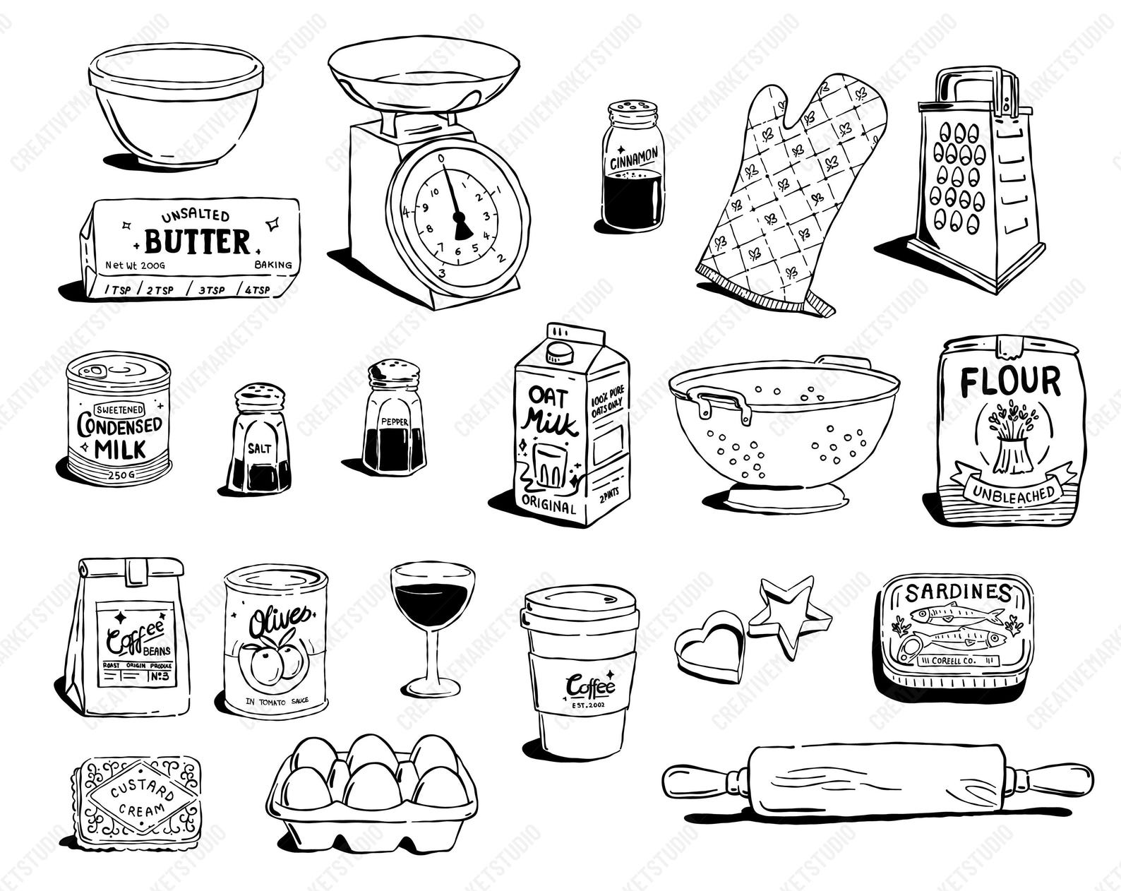 Kitchen Doodle Clipart SVG Bundle – Hand-drawn Utensils and Food PNG ...
