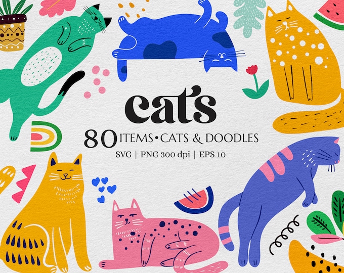 Doodle Cats Clipart Bundle: Vector Line Art (PNG, SVG, AI) - Etsy Canada