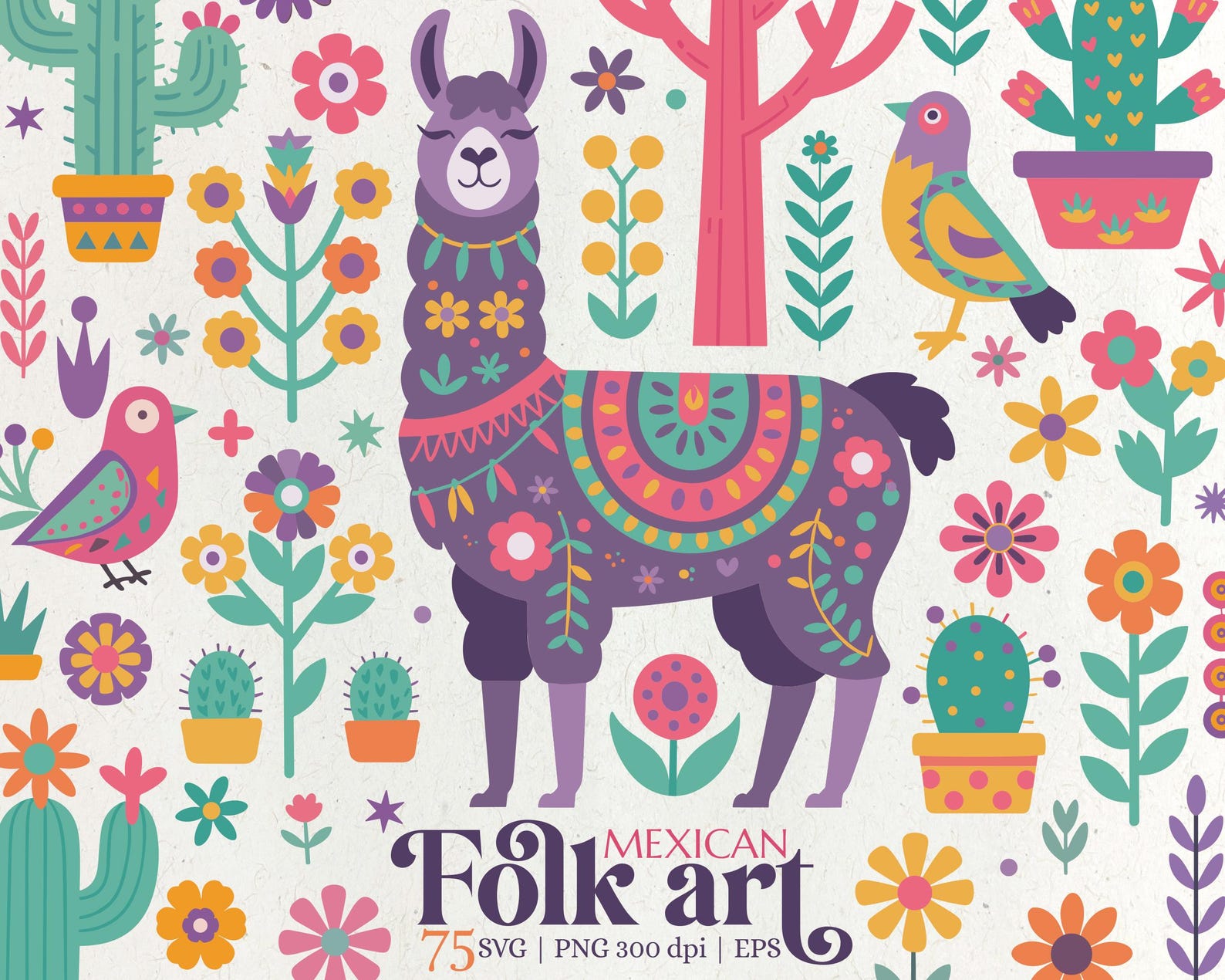 Mexican Folk Art Clipart Bundle – Llama, Cactus SVG PNG EPS for ...