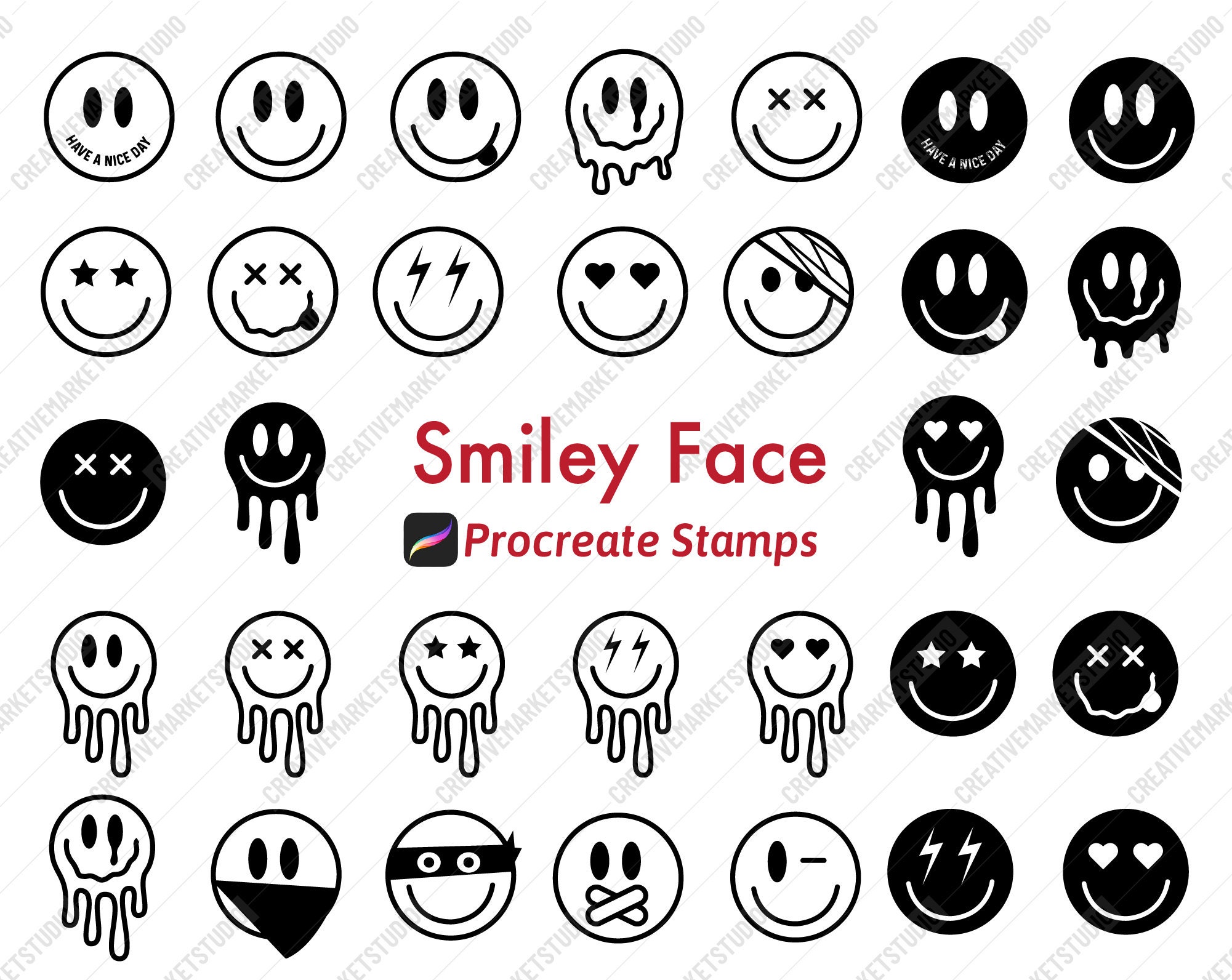 Smiley Face Procreate Stamps – 40 Doodle Stamp Brush Bundle for Digital ...