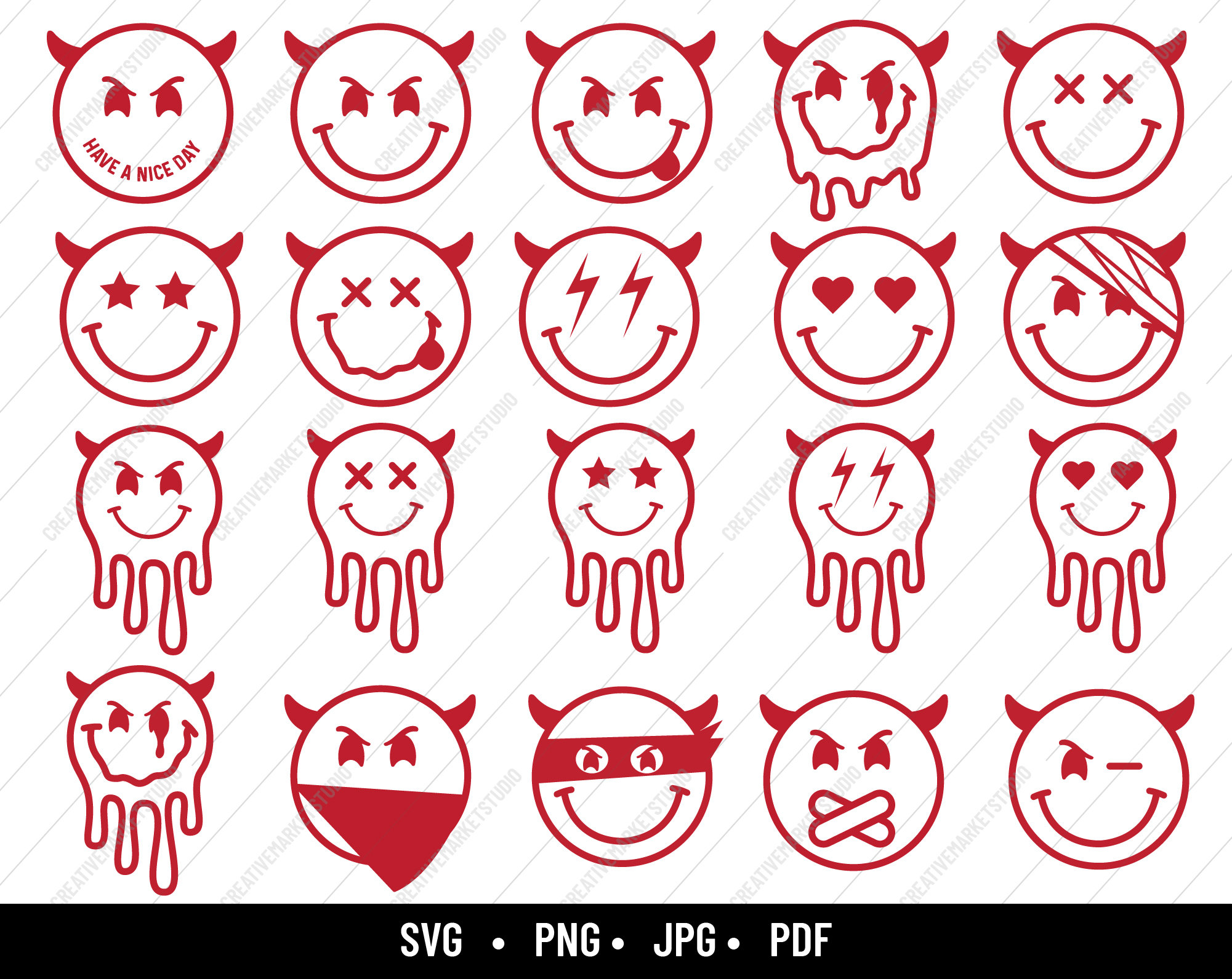 Smiley Face Evil Devil Bundle, Melting Devil Face Bundle, Svg Files for ...