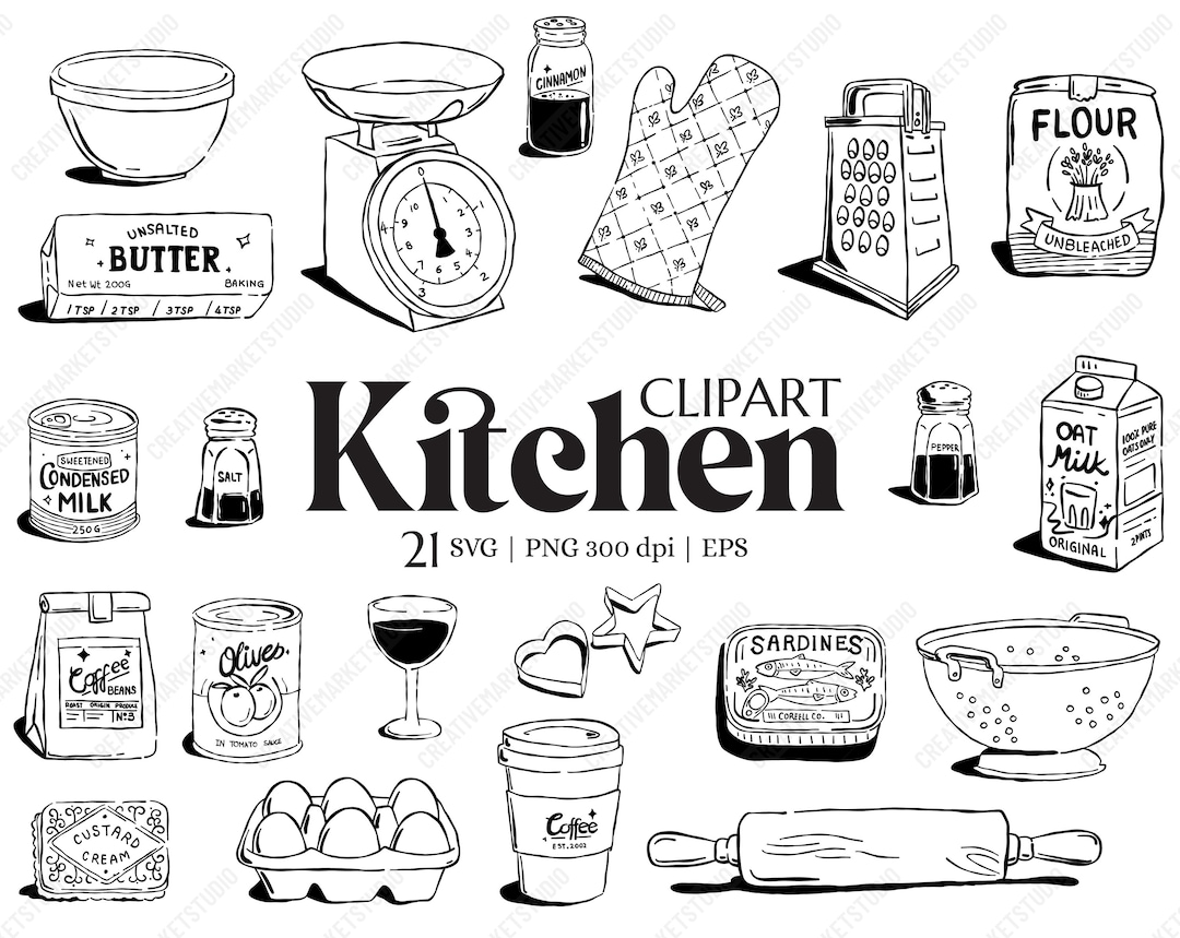 Kitchen Doodle Clipart SVG Bundle – Hand-drawn Utensils and Food PNG ...