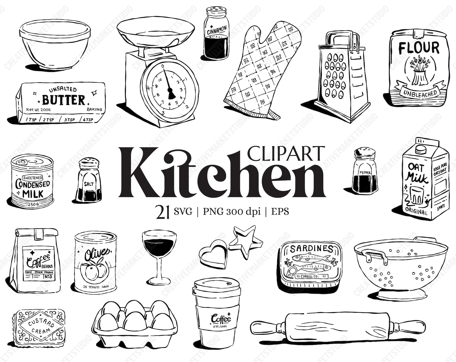 Kitchen Doodle Clipart SVG Bundle – Hand-drawn Utensils and Food PNG ...
