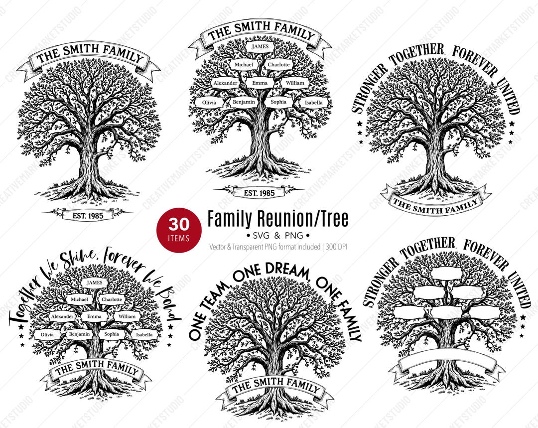 Family Reunion Tree SVG PNG - Customizable Family Name Tree Clipart for ...