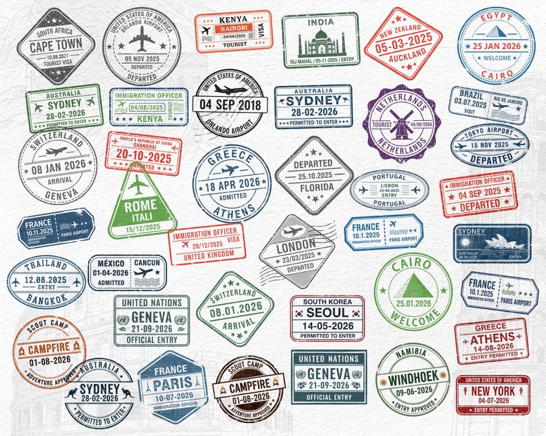 Travel Passport Stamp SVG Bundle – 45 Country Destination Clipart PNG ...