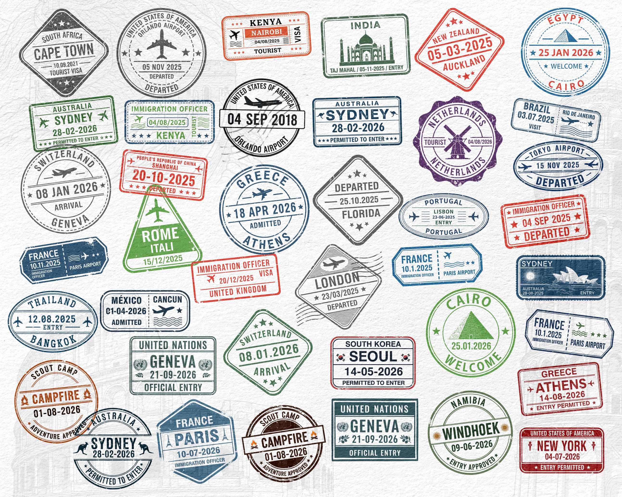 Travel Passport Stamp SVG Bundle – 45 Country Destination Clipart PNG ...