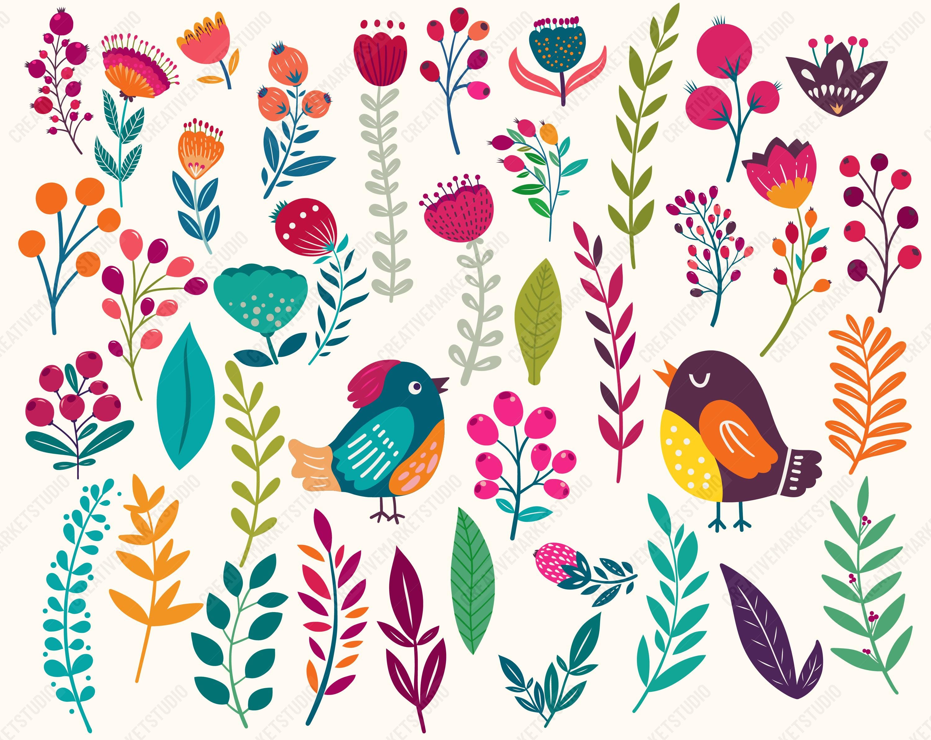Spring Floral Birds Clipart Set – Hand-drawn Nature SVG PNG for ...
