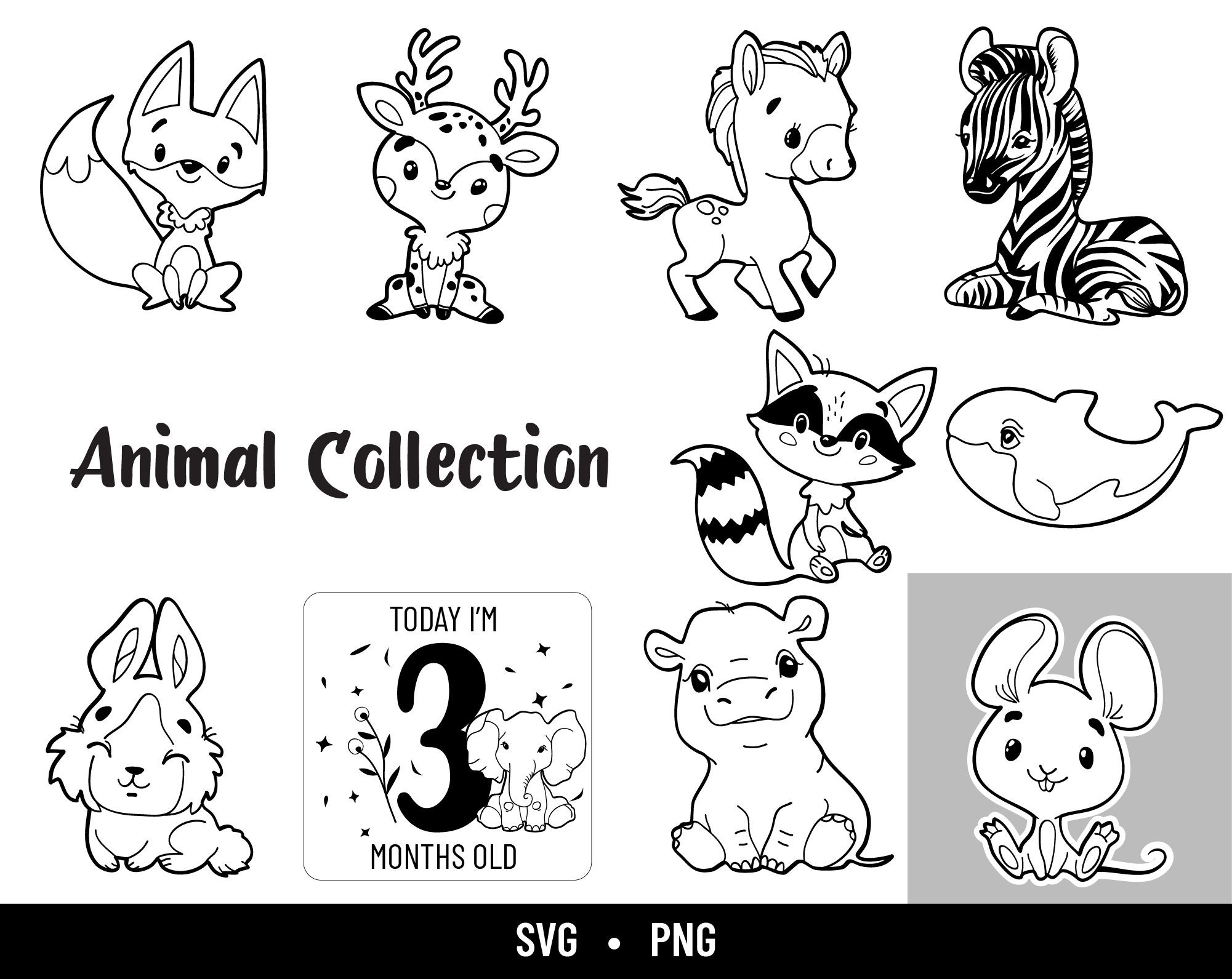 Animal Doodle Clipart SVG Bundle, Printable Cute Baby Zoo Animal ...