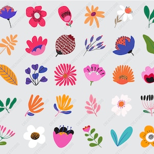 Abstract Floral Clipart Bundle – Hand-drawn Spring Flowers and Leaves ...