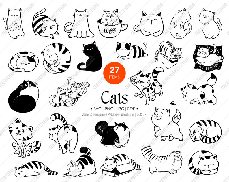 Cat Clipart Drawings Bundle SVG, Cute Kitty Cat Animal Clipart Set ...