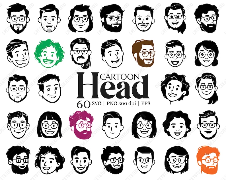Cartoon Head Clipart SVG Bundle – Emoji Faces and Hand-drawn Avatars ...
