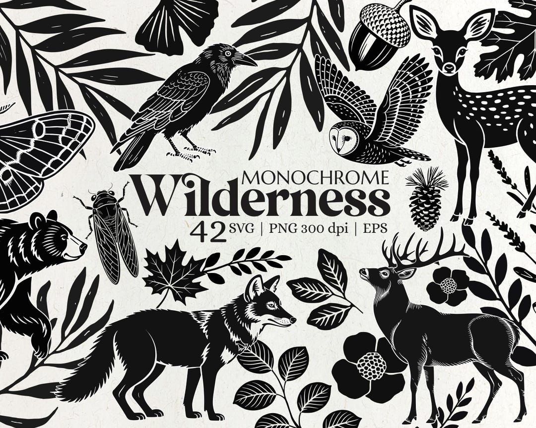 Rustic Woodland Animal SVG PNG – Monochrome Forest Clipart Bundle for ...