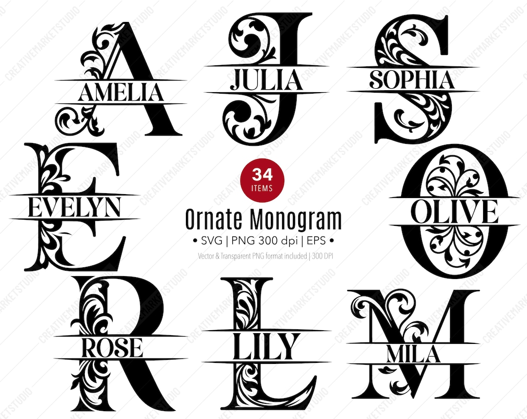 Floral Split Letter Monogram SVG PNG – Ornate Wedding Decor Clipart for ...