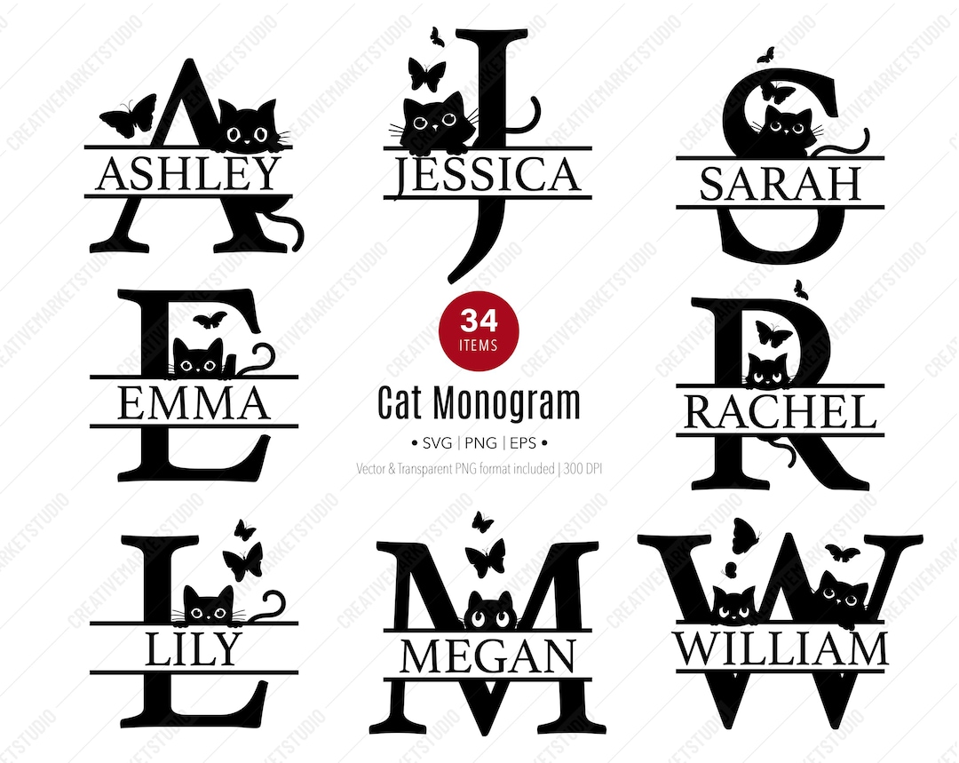 Cat Monogram SVG Bundle – Split Alphabet Clipart for Custom Names and ...