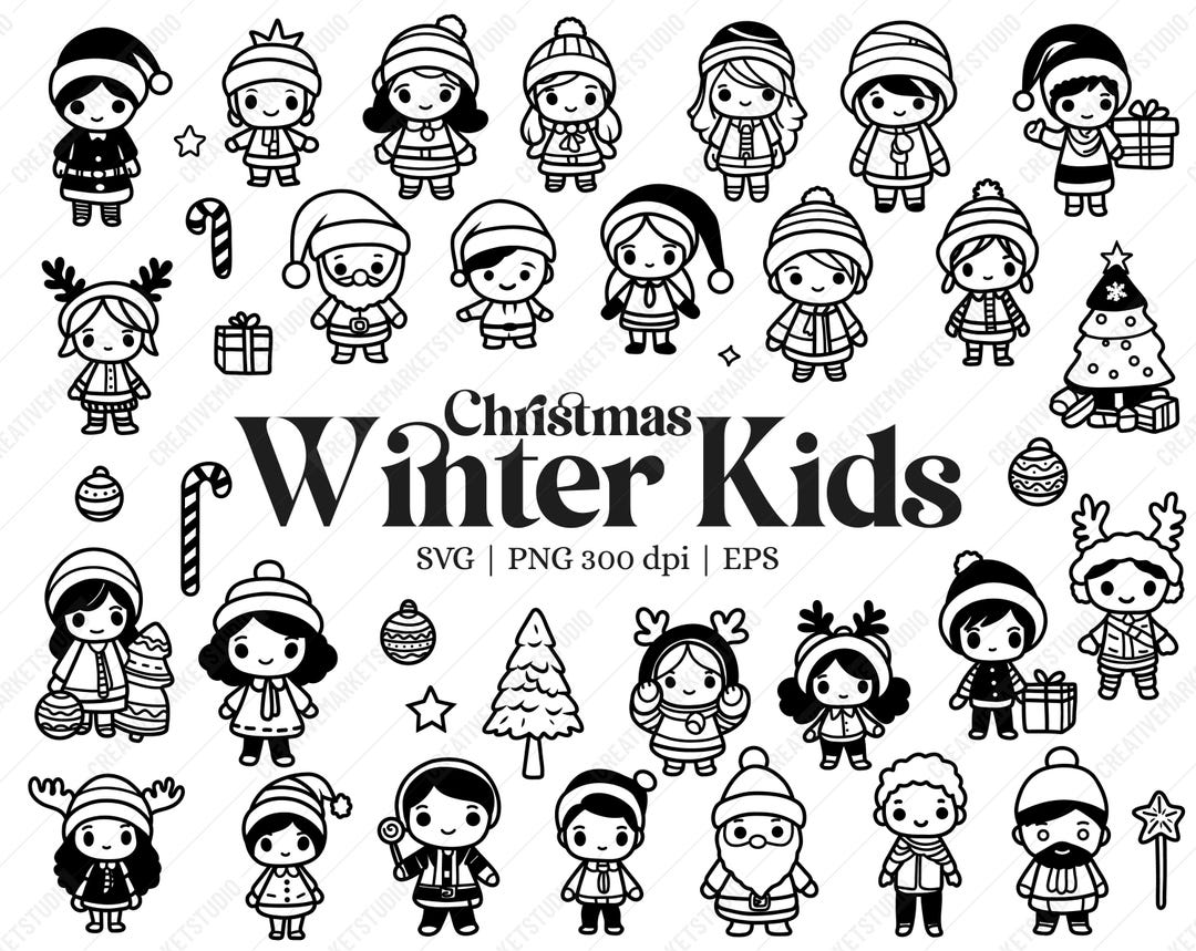 Christmas Kids Clip Art Set SVG, Cute Holiday Characters in Winter Hats ...