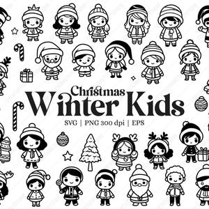 Christmas Kids Clip Art Set SVG, Cute Holiday Characters in Winter Hats ...