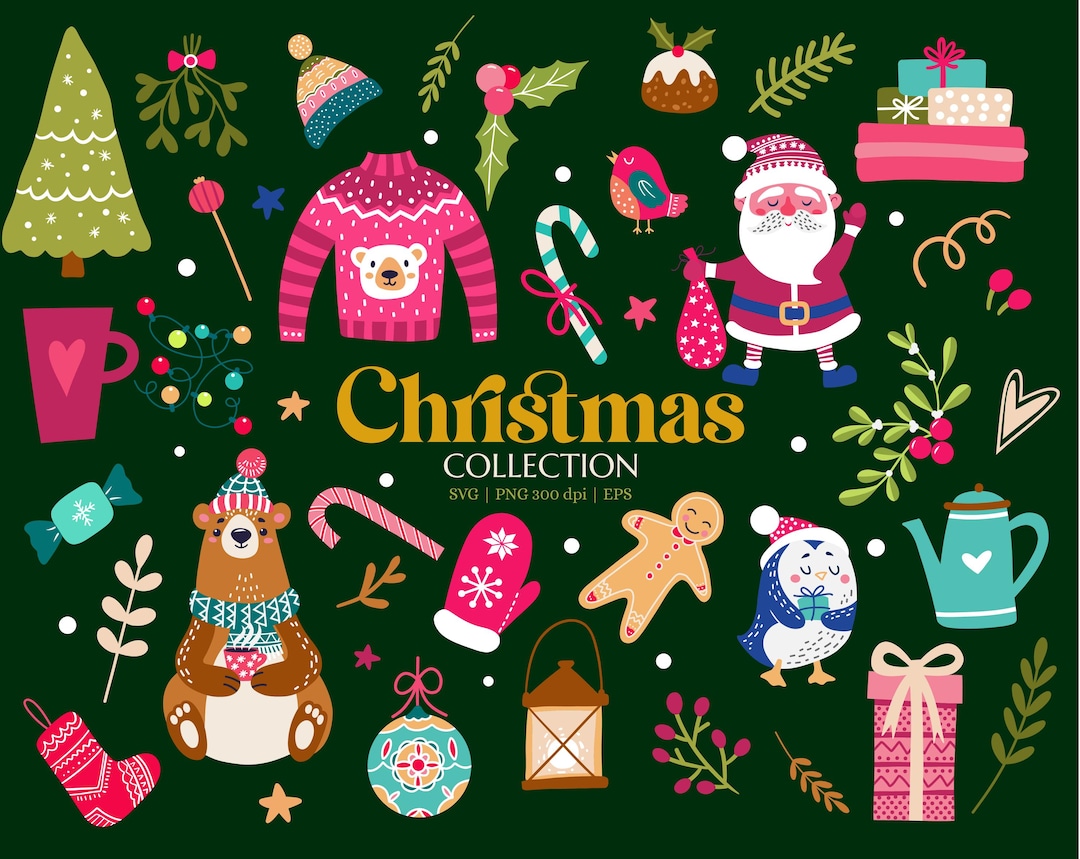 Christmas Clipart Bundle SVG PNG, Cute Whimsical Santa, Gifts ...
