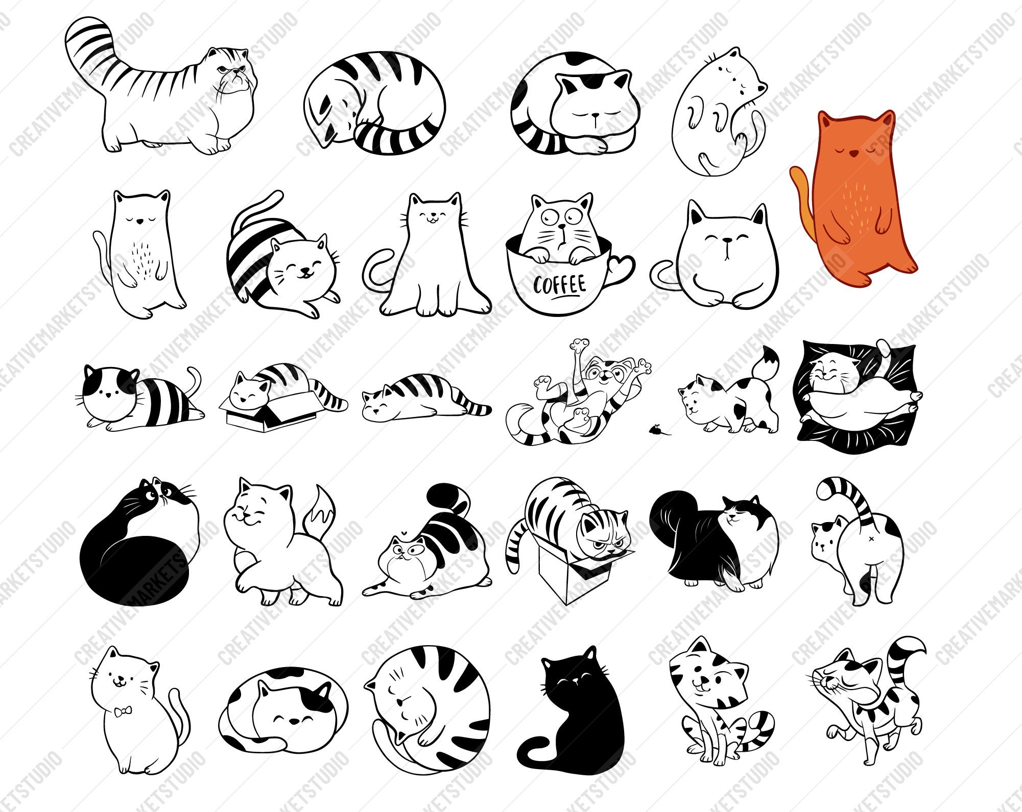 Cat Clipart Drawings Bundle SVG, Cute Kitty Cat Animal Clipart Set ...