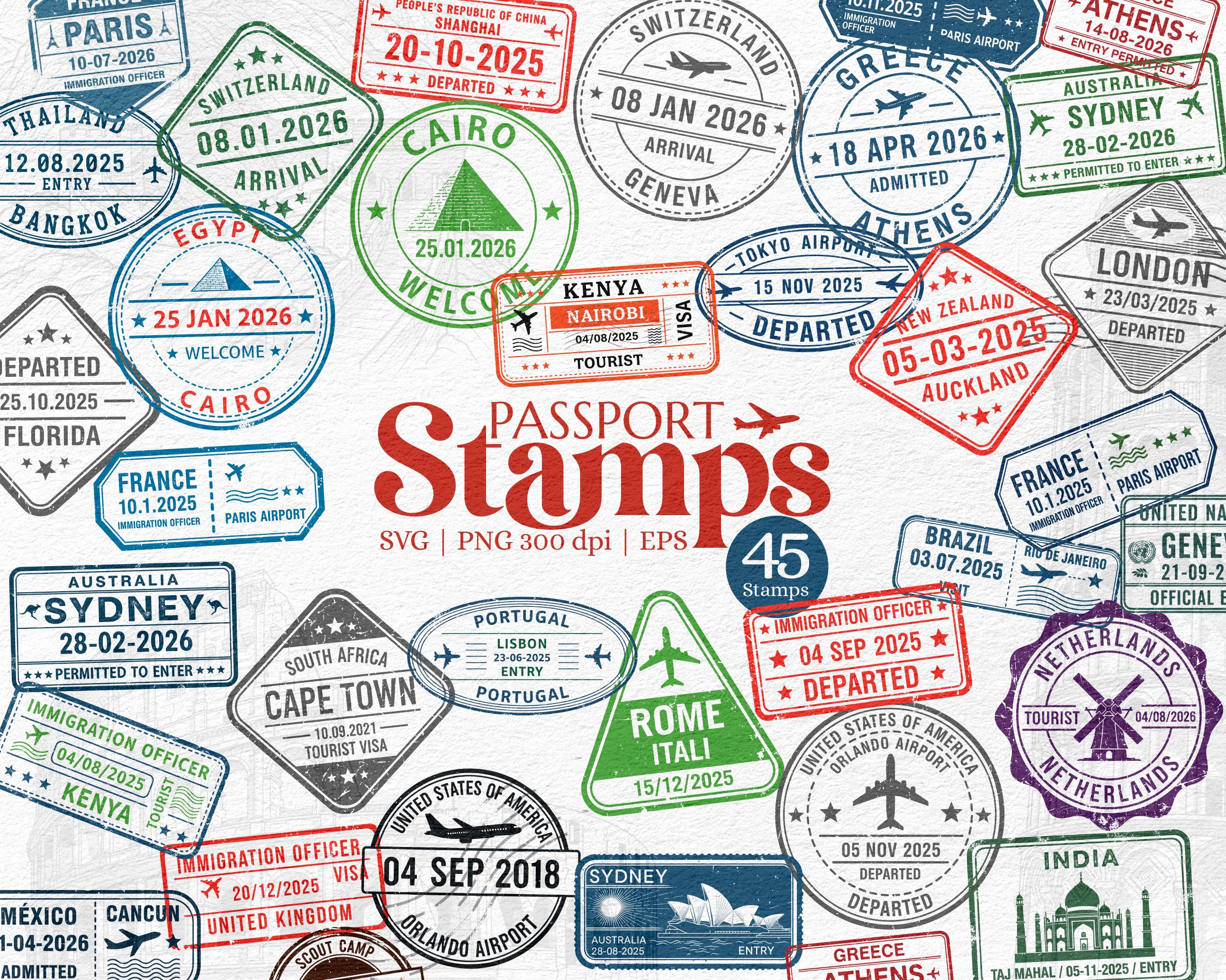 Travel Passport Stamp SVG Bundle – 45 Country Destination Clipart PNG ...