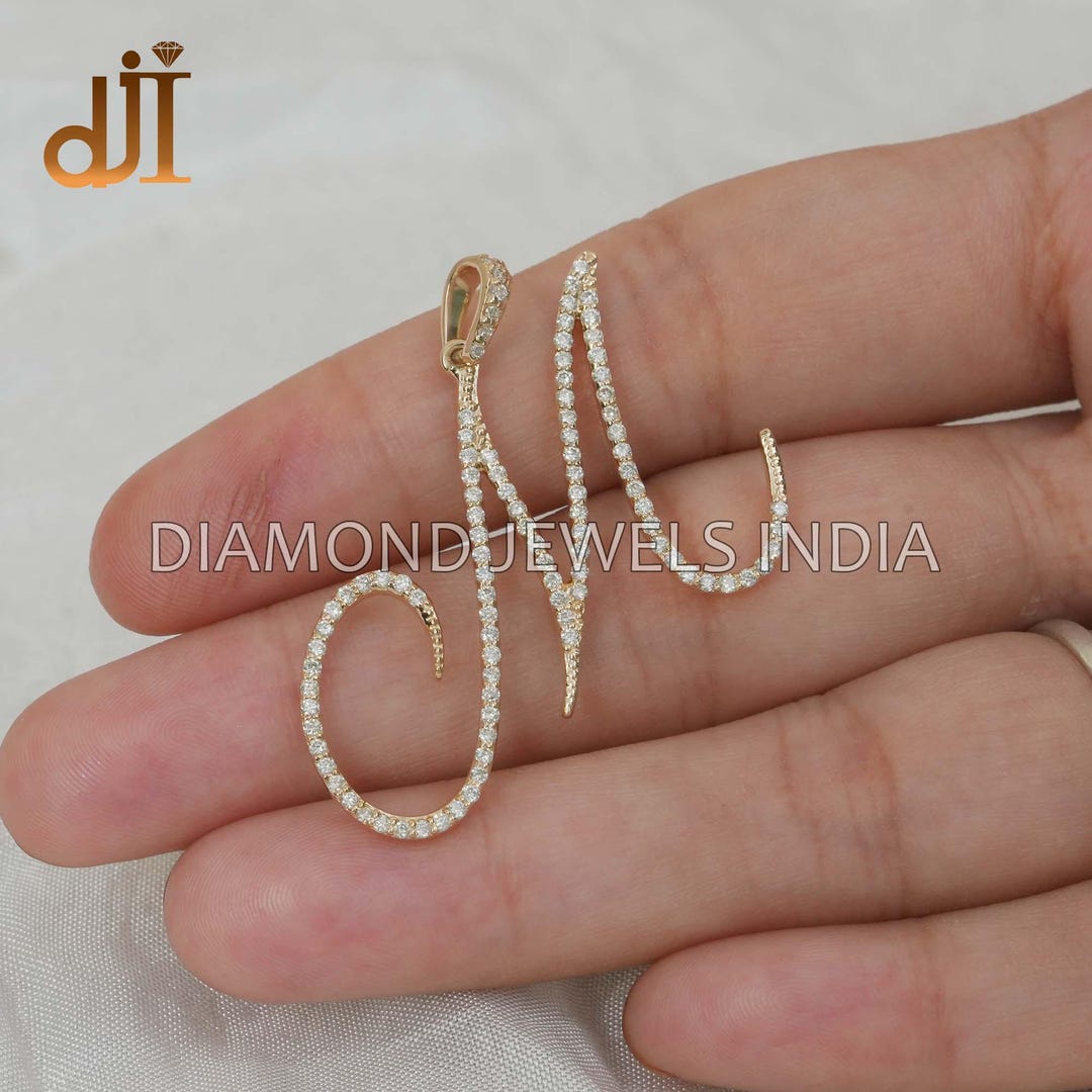 14k Gold Diamond Initial M Pendant: Cursive Alphabet Charm - Etsy