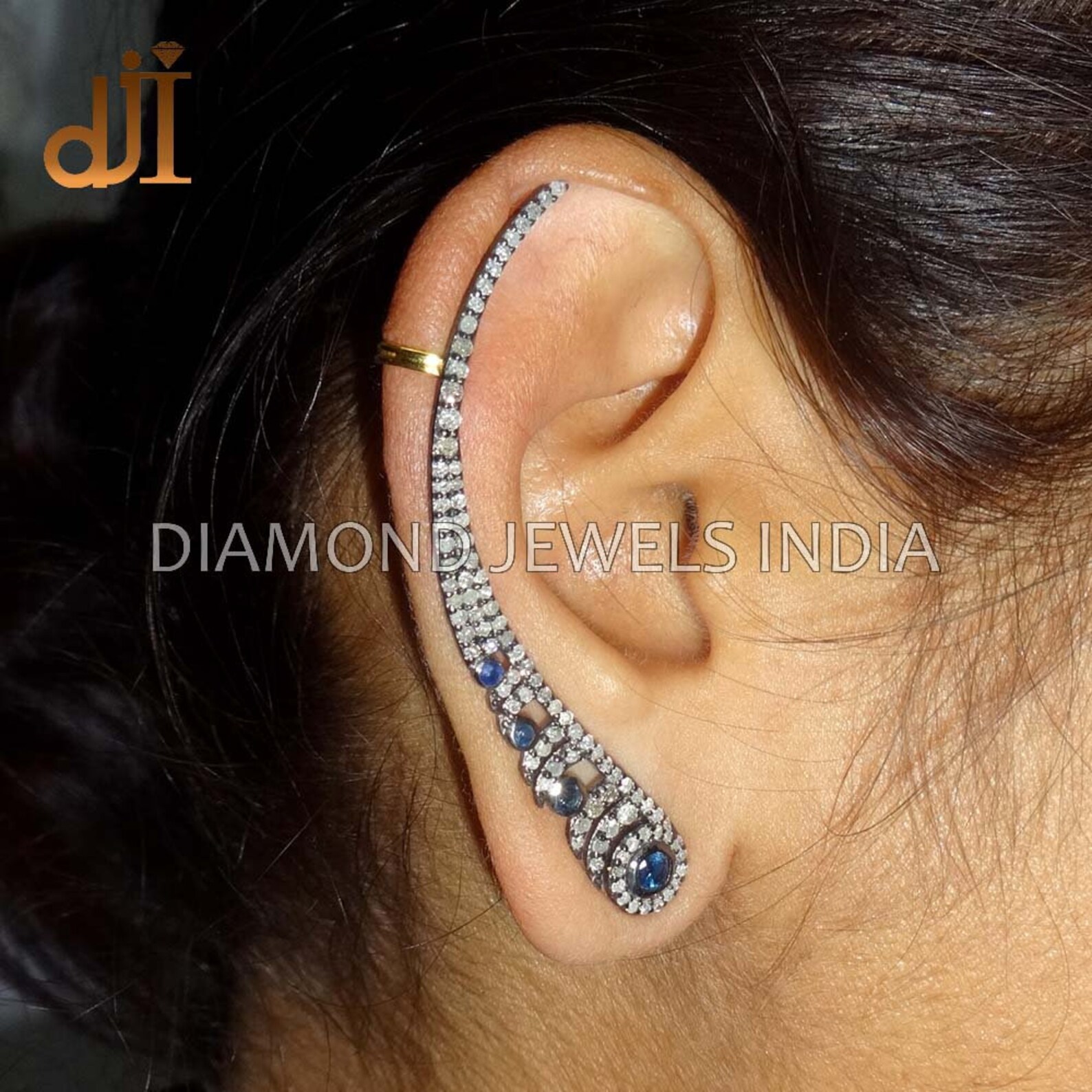 Pave Diamond & Blue Sapphire Ear Cuff With Stud: Oxidized Silver - Etsy