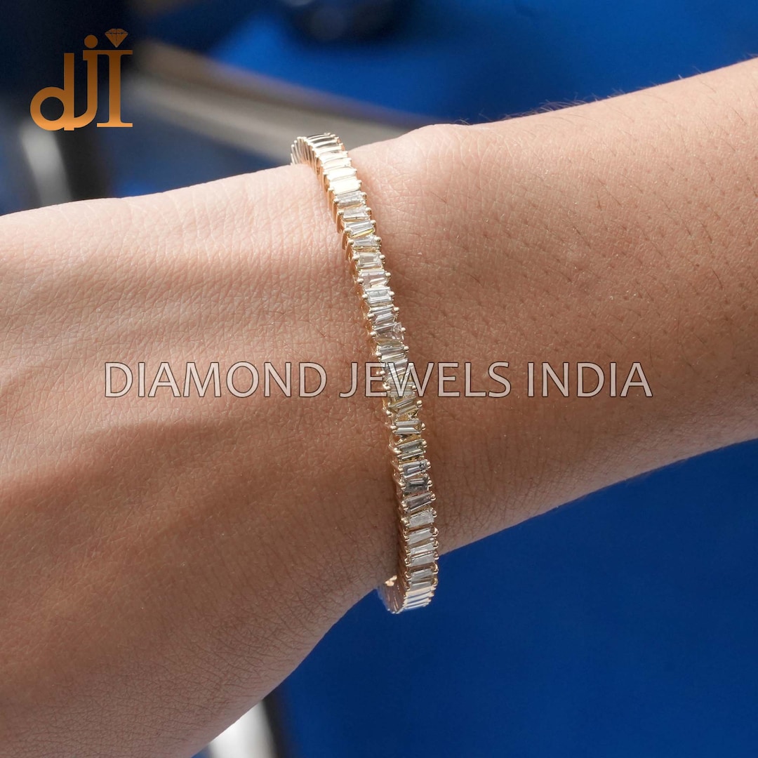 14k Gold Baguette Diamond Bangle: Handmade Cuff Bracelet - Etsy