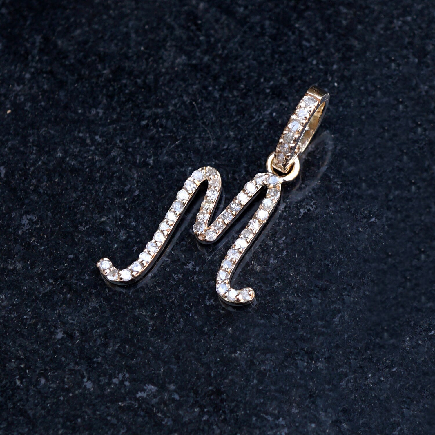 14k Solid Yellow Gold Pave Diamond Initial M Handmade Alphabet - Etsy