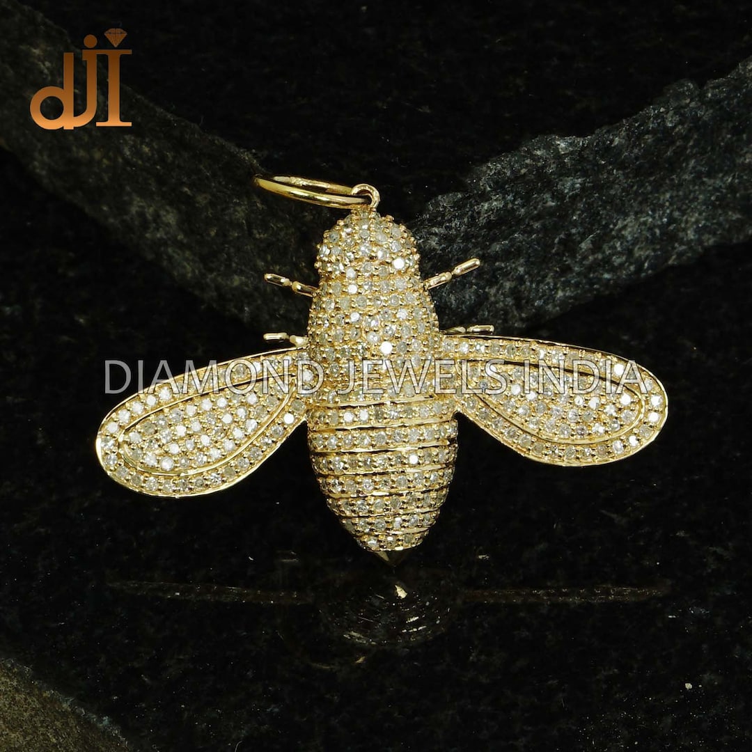14k Solid Yellow Gold Pave Diamond Bee Pendant Diamond Insect - Etsy