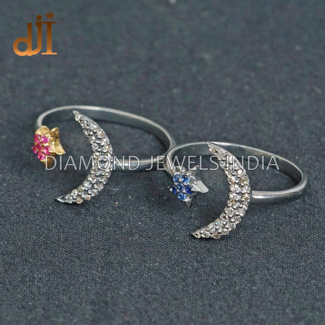 Diamond Star Moon Silver Ring, Silver Diamond Jewelry, Band Ring ...