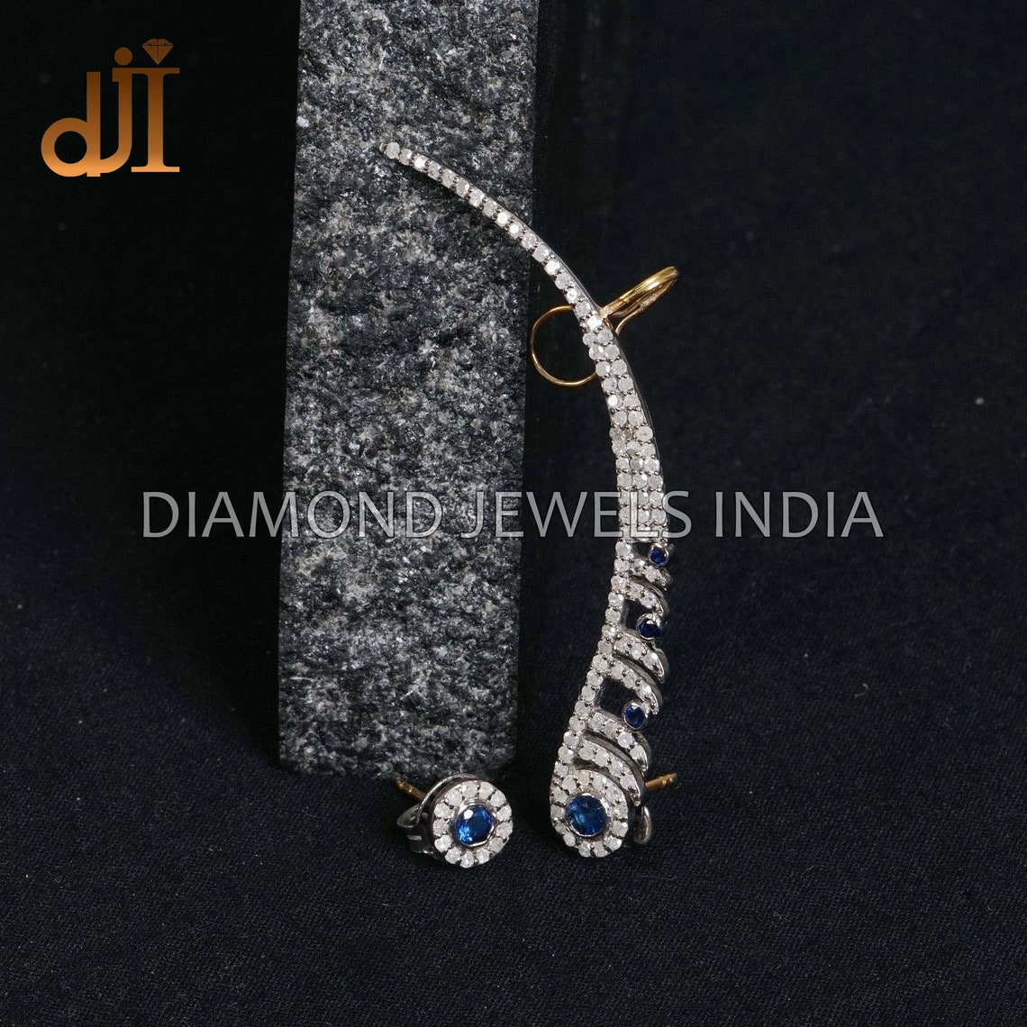 Pave Diamond & Blue Sapphire Ear Cuff With Stud: Oxidized Silver - Etsy